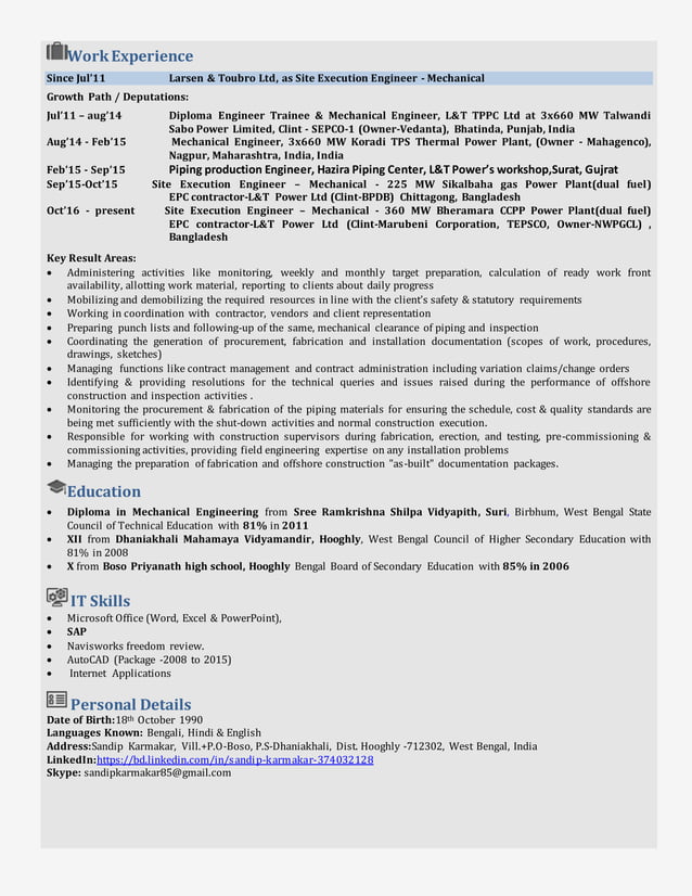 Piping Engineer CV -Sandip Karmakar | DOCX | Civil Engineering Industry ...