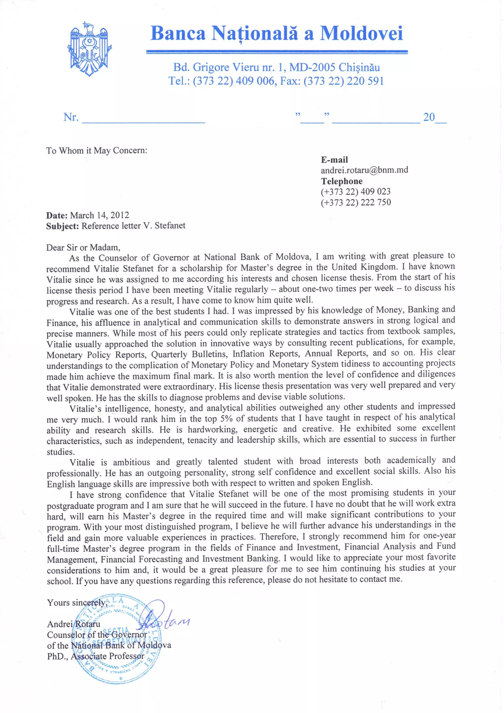 Reference Letter - From Dr. Andrei Rotaru (PhD., Associate Professor ... Reference Letter - From Dr. Andrei Rotaru (PhD., Associate Professor ...