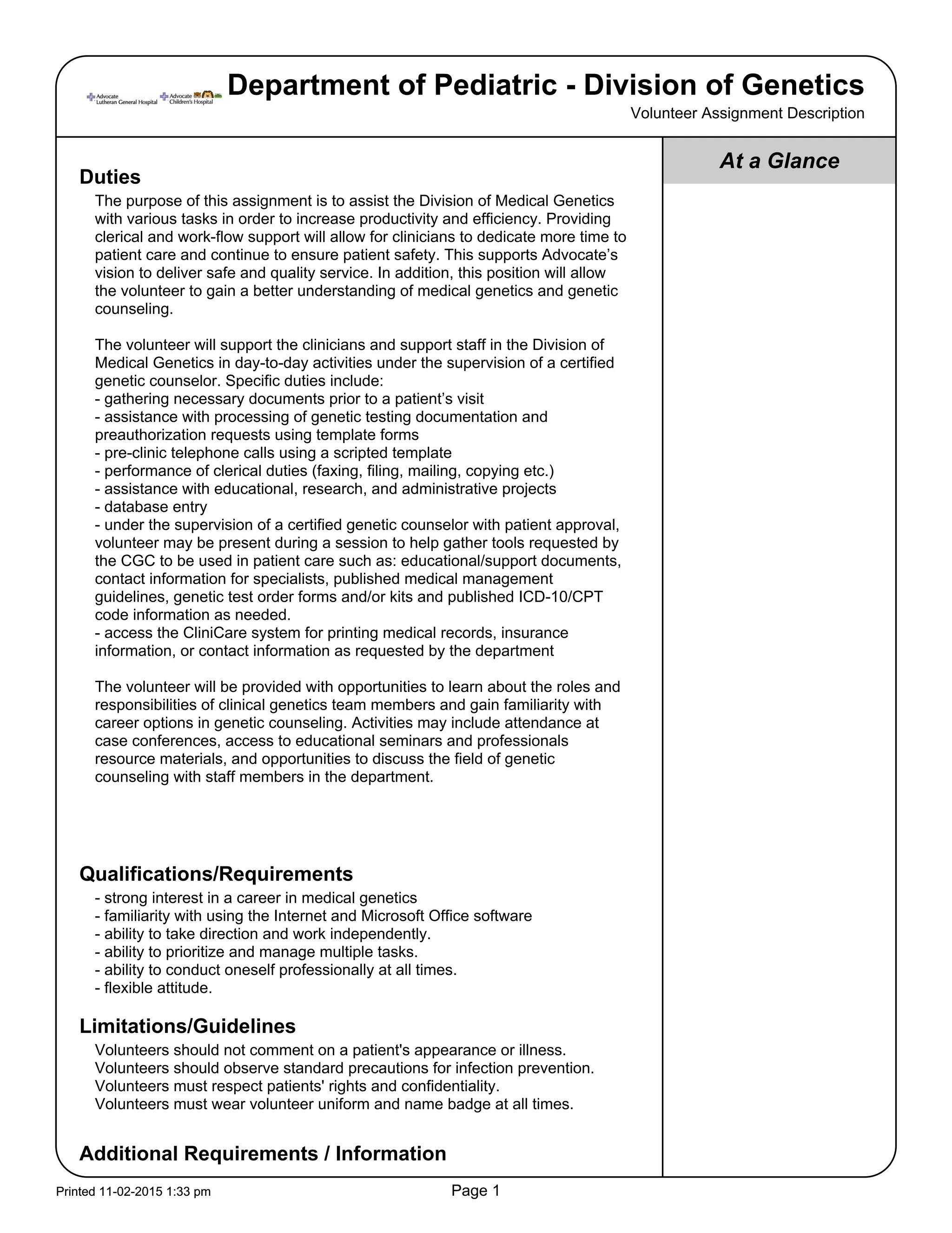 Genetics - Volunteer Assignment Description | PDF