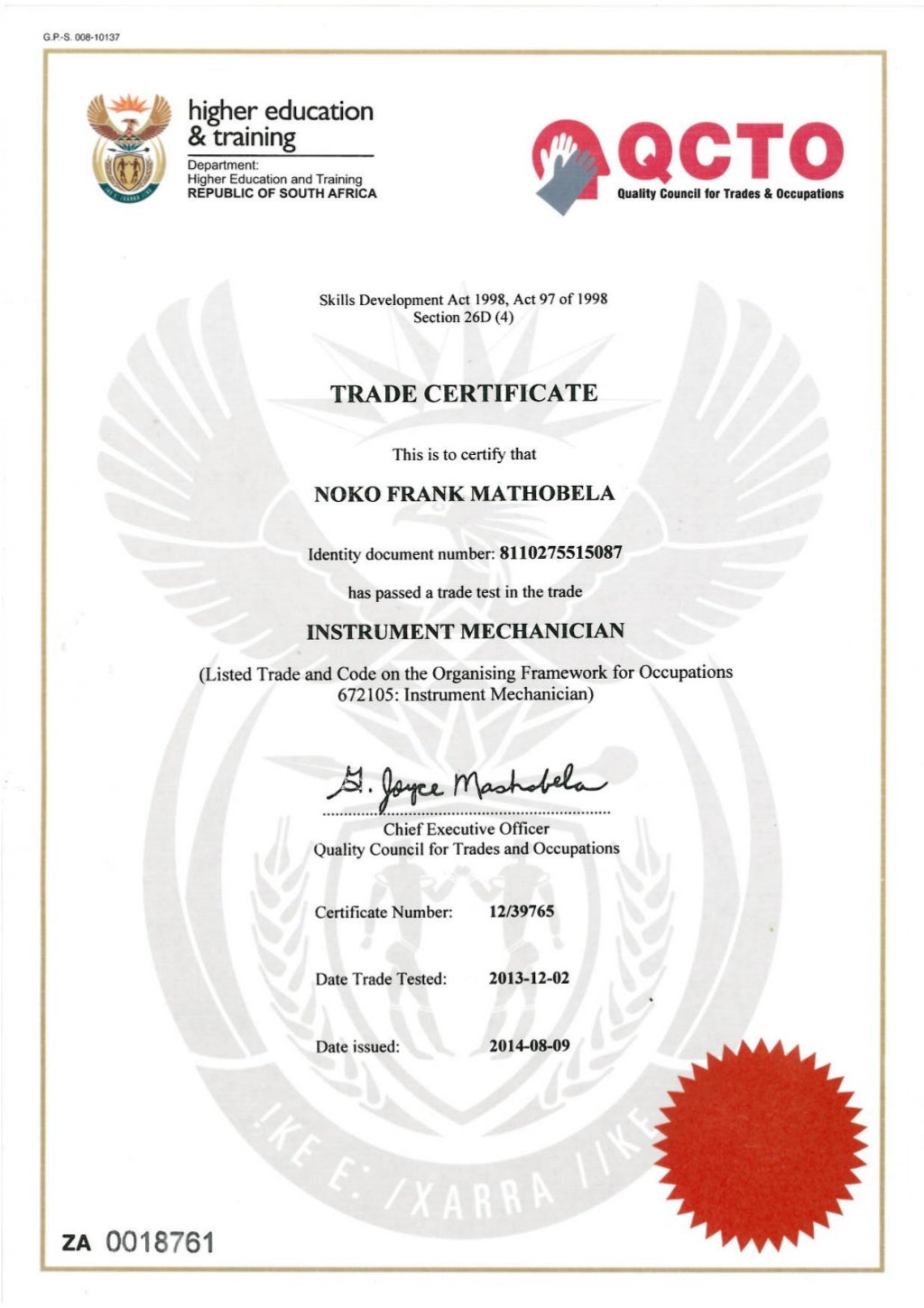 TRADE TEST CERTIFICATE TRADE TEST CERTIFICATE