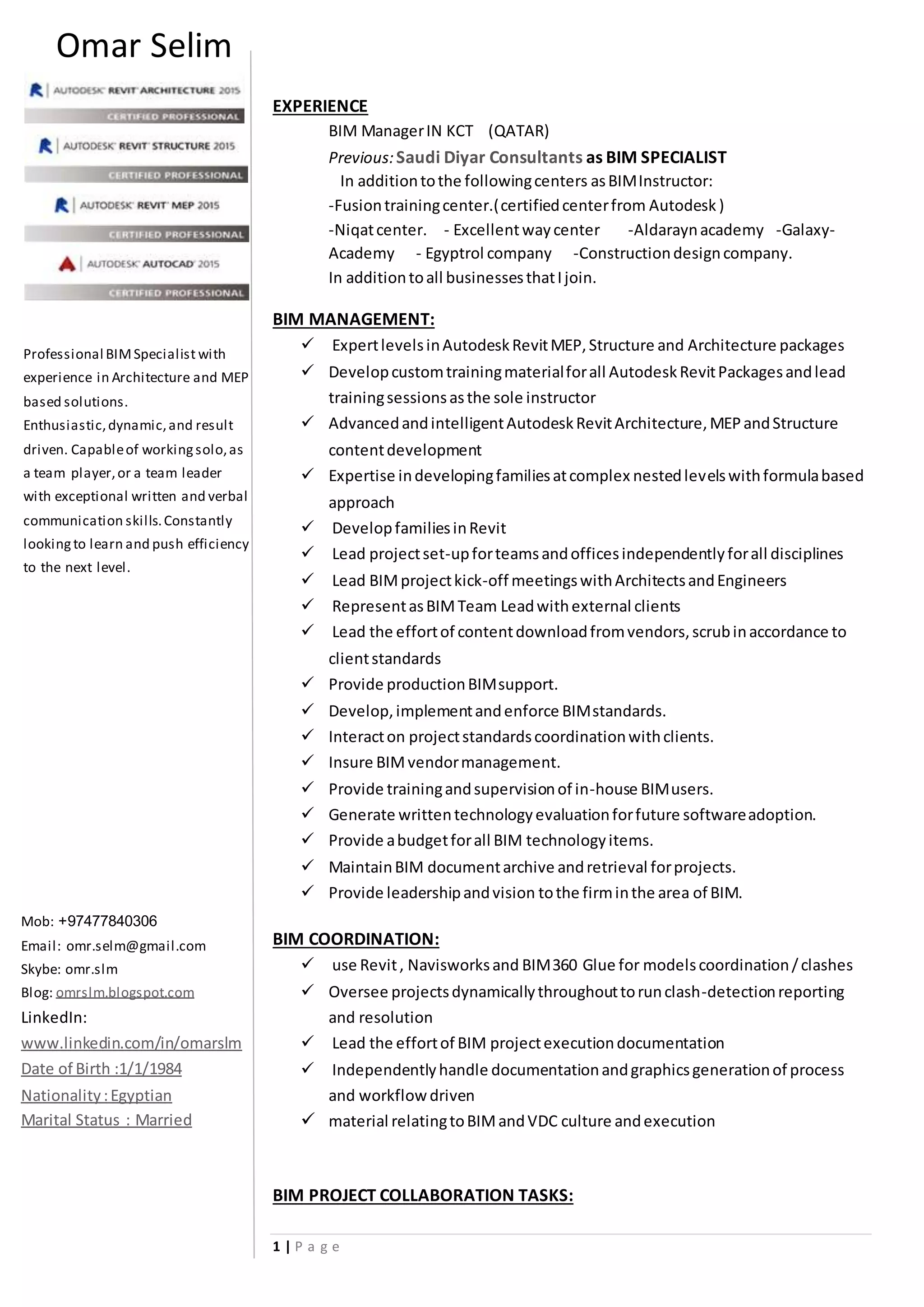 Omar Selim cv bim | DOCX