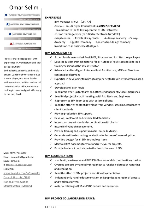 Omar Selim cv bim | DOCX