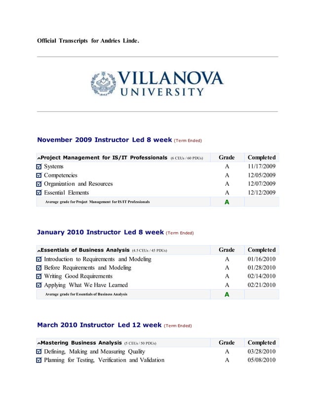 Villanova - Official Transcripts - Latest | PDF