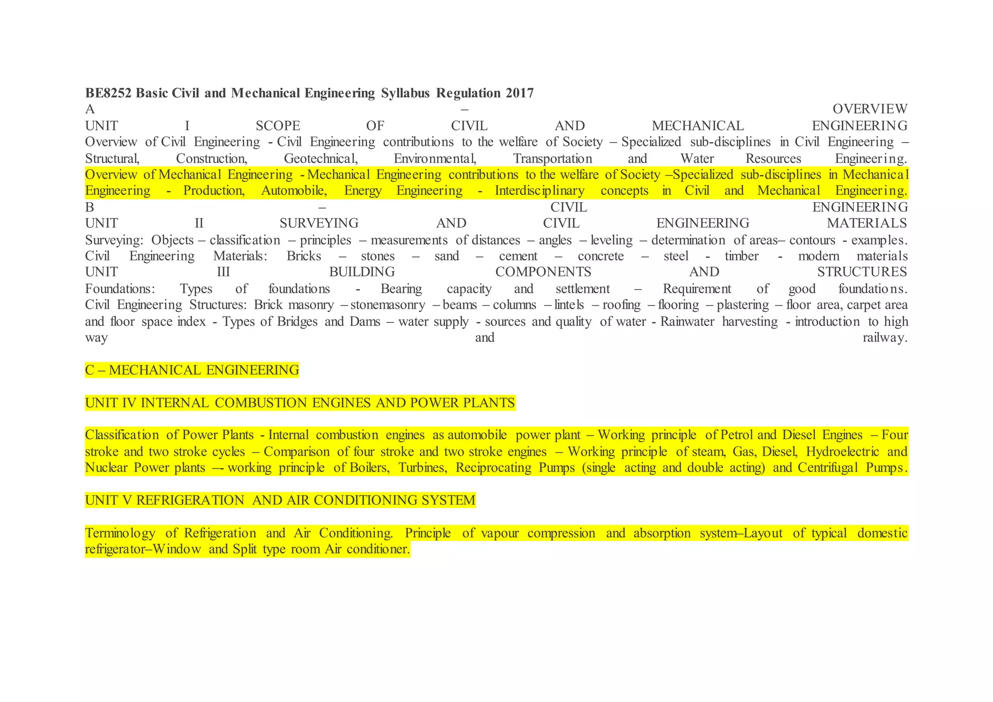 BE8252 BCME syllabus | Basics of civil and mechanical Engineering | DOCX