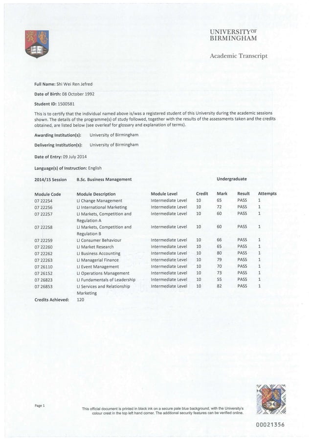 University of Birmingham Transcript | PDF