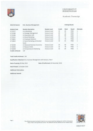 University of Birmingham Transcript | PDF