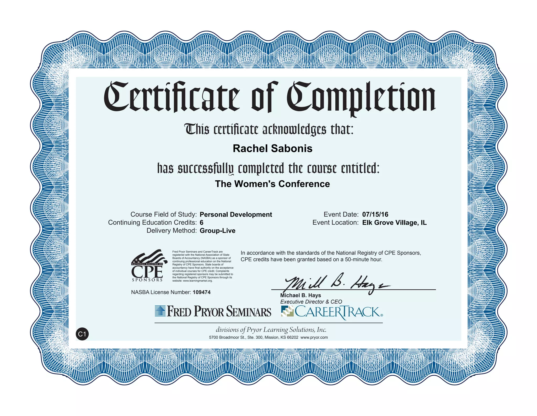 Women's Conference Fred Pryor Certificate | PDF