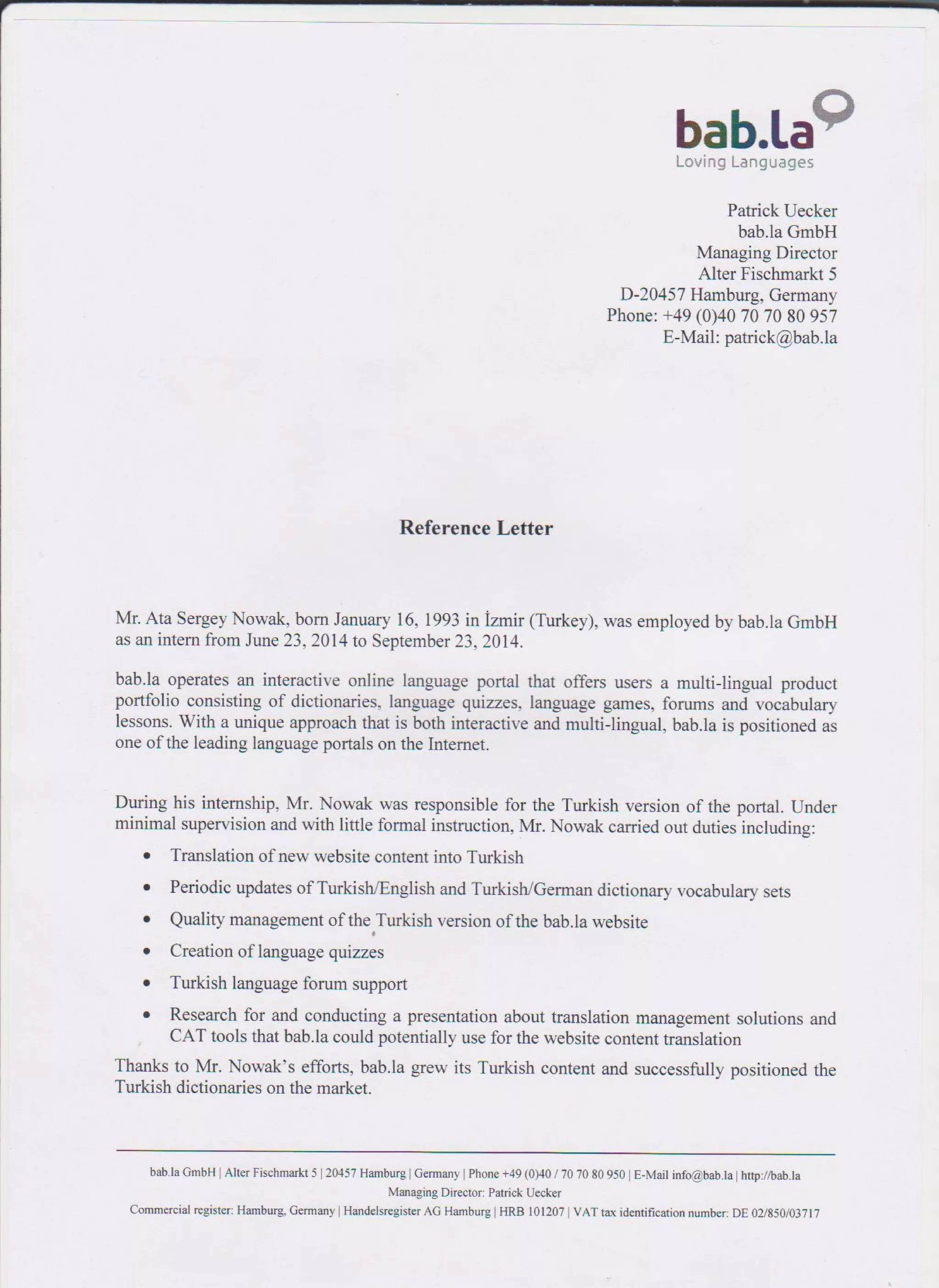 Recommendation letter - Patrick Uecker Managing Director of bab.la