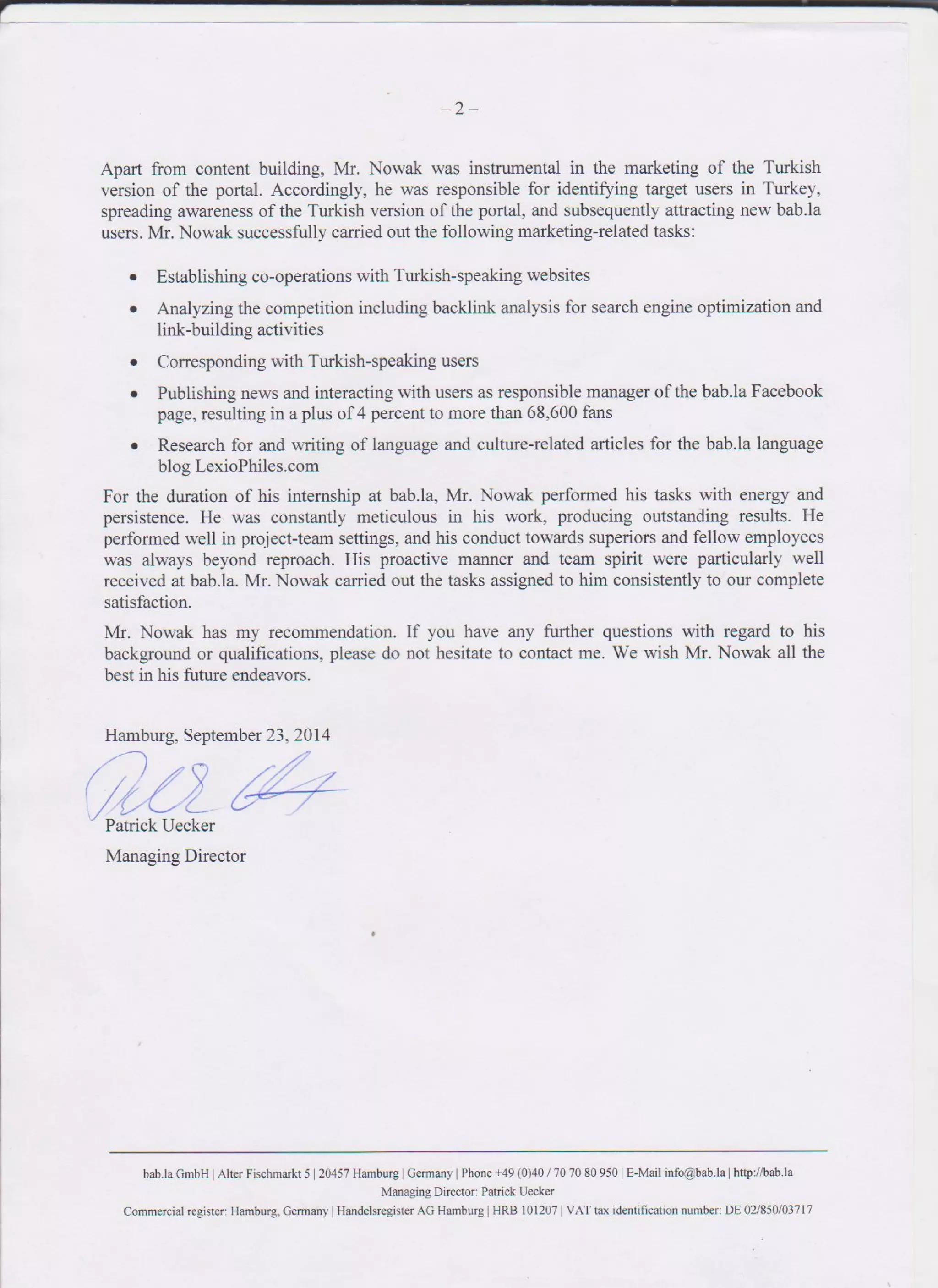 Recommendation letter - Patrick Uecker Managing Director of bab.la