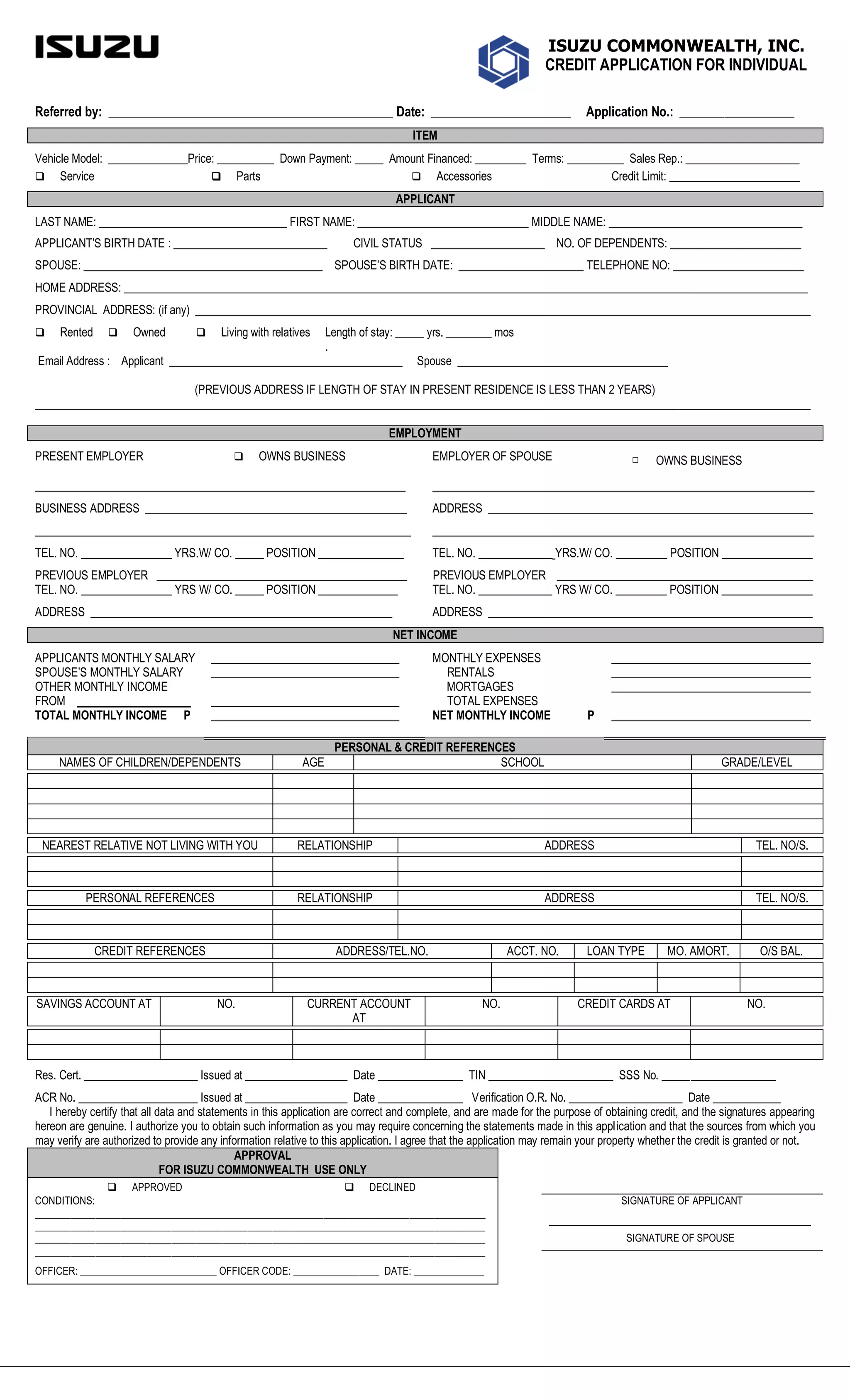 Isuzu Auto Loan Application | PDF