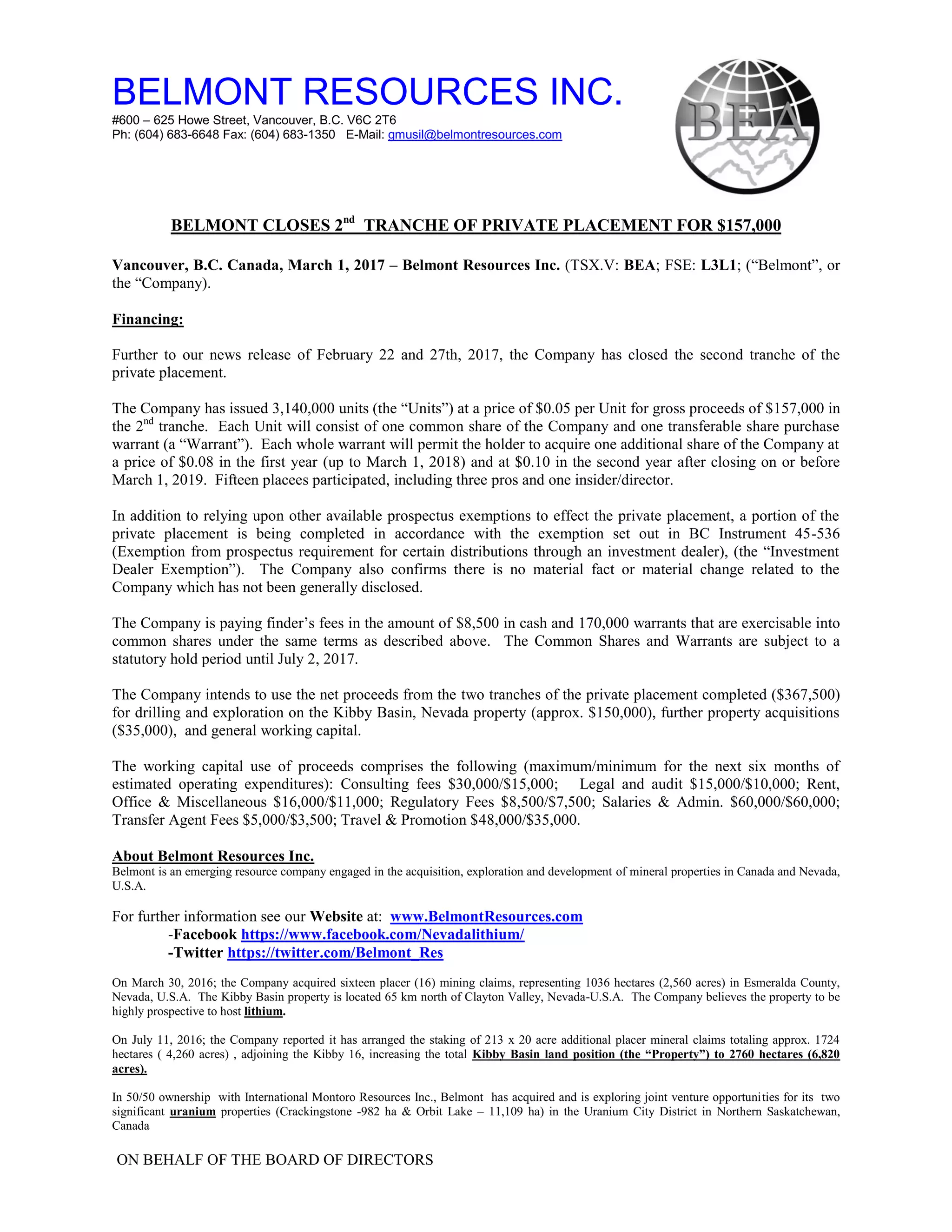 Bea. mar. 1.17 belmont closes second tranche of private placement ...