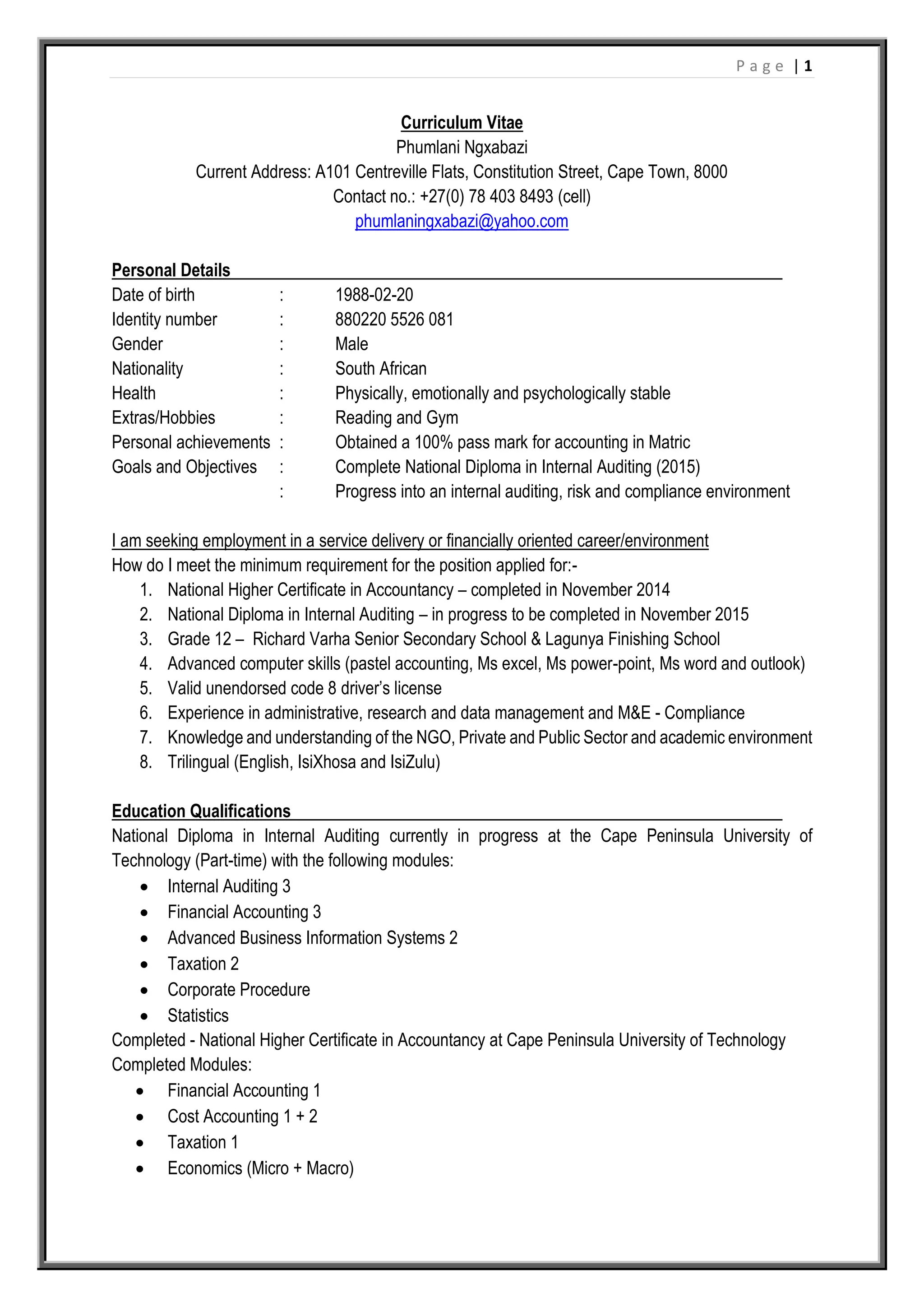 CV - Phumlani Ngxabazi | DOCX | Business Accounting & Finance | Business