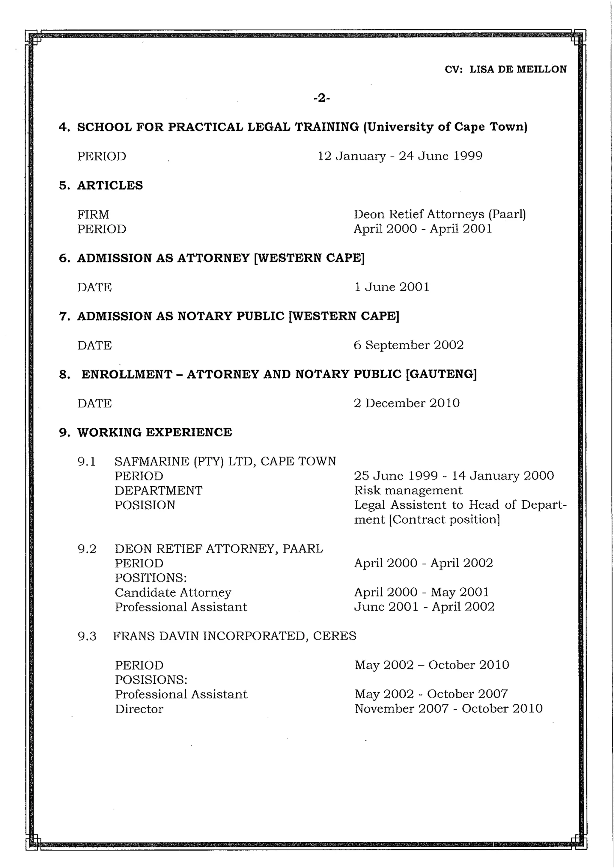 CV WITH ATTACHMENTS LISA DE MEILLON | PDF