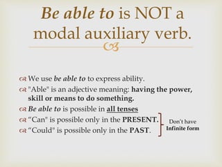 Be able to versus Can. Grammar. Explanation. Expressing ability | PPT