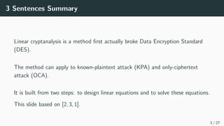 Linear Cryptanalysis Lecture 線形解読法 | PPT