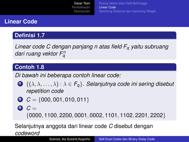 Self Dual Codes and Binary Golay Code Presentation | PDF