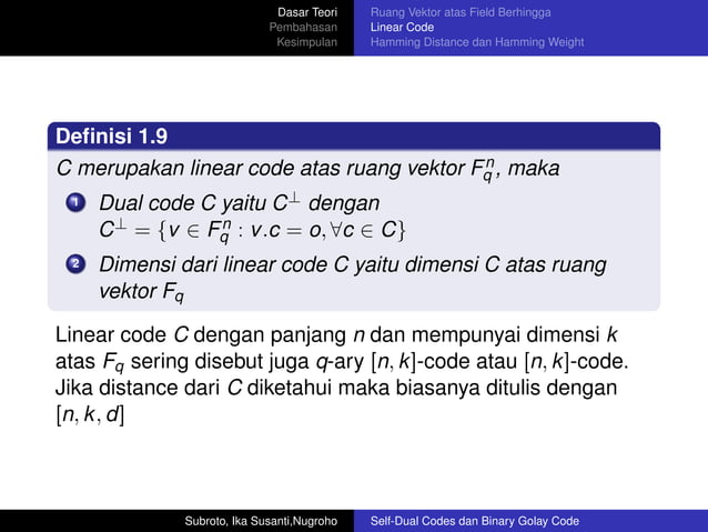 Self Dual Codes and Binary Golay Code Presentation | PDF