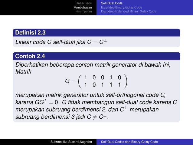 Self Dual Codes And Binary Golay Code Presentation