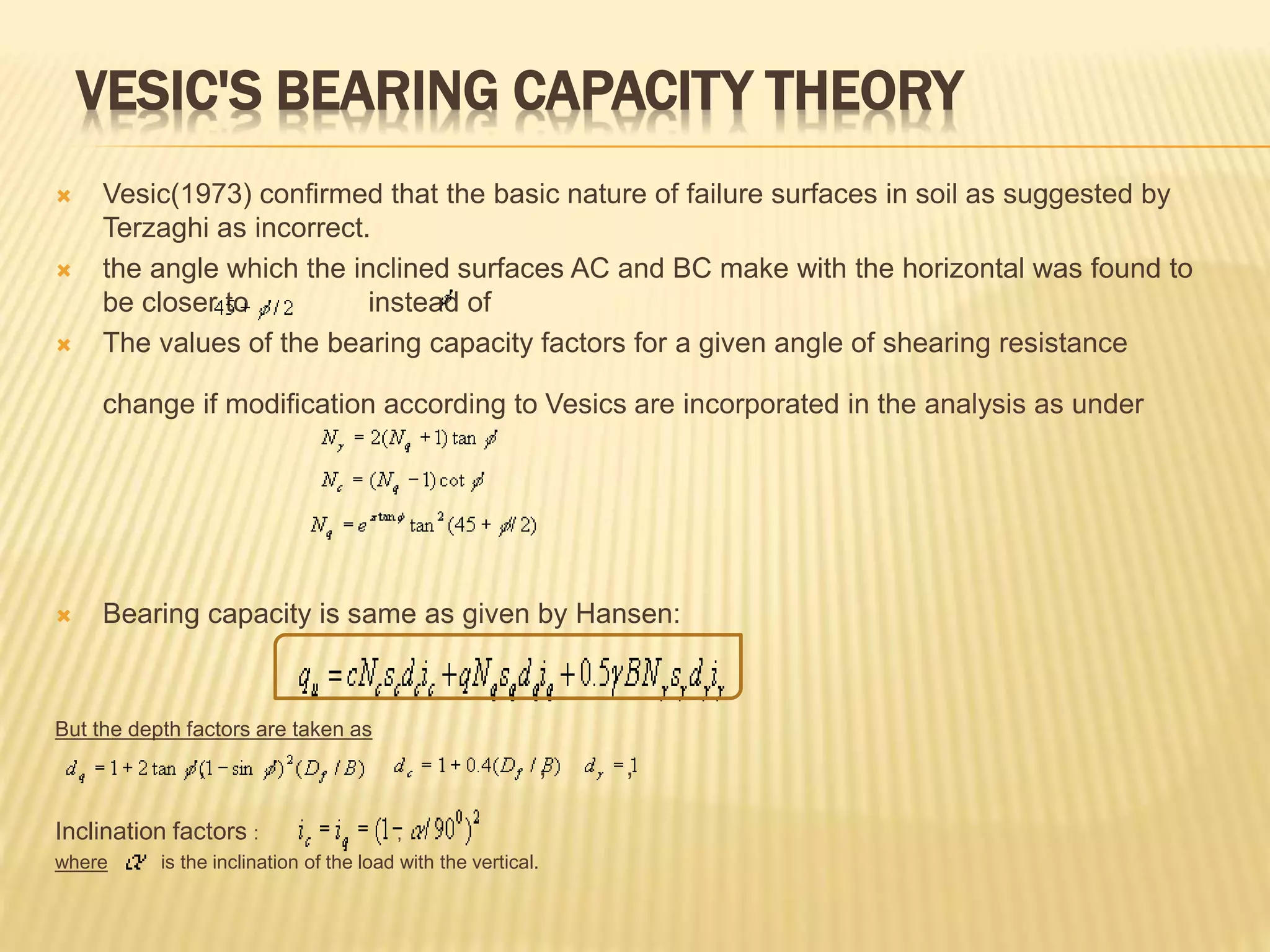 Bearing capacity theory is code ,vesic ,hansen, meyerhof, skemptons ...