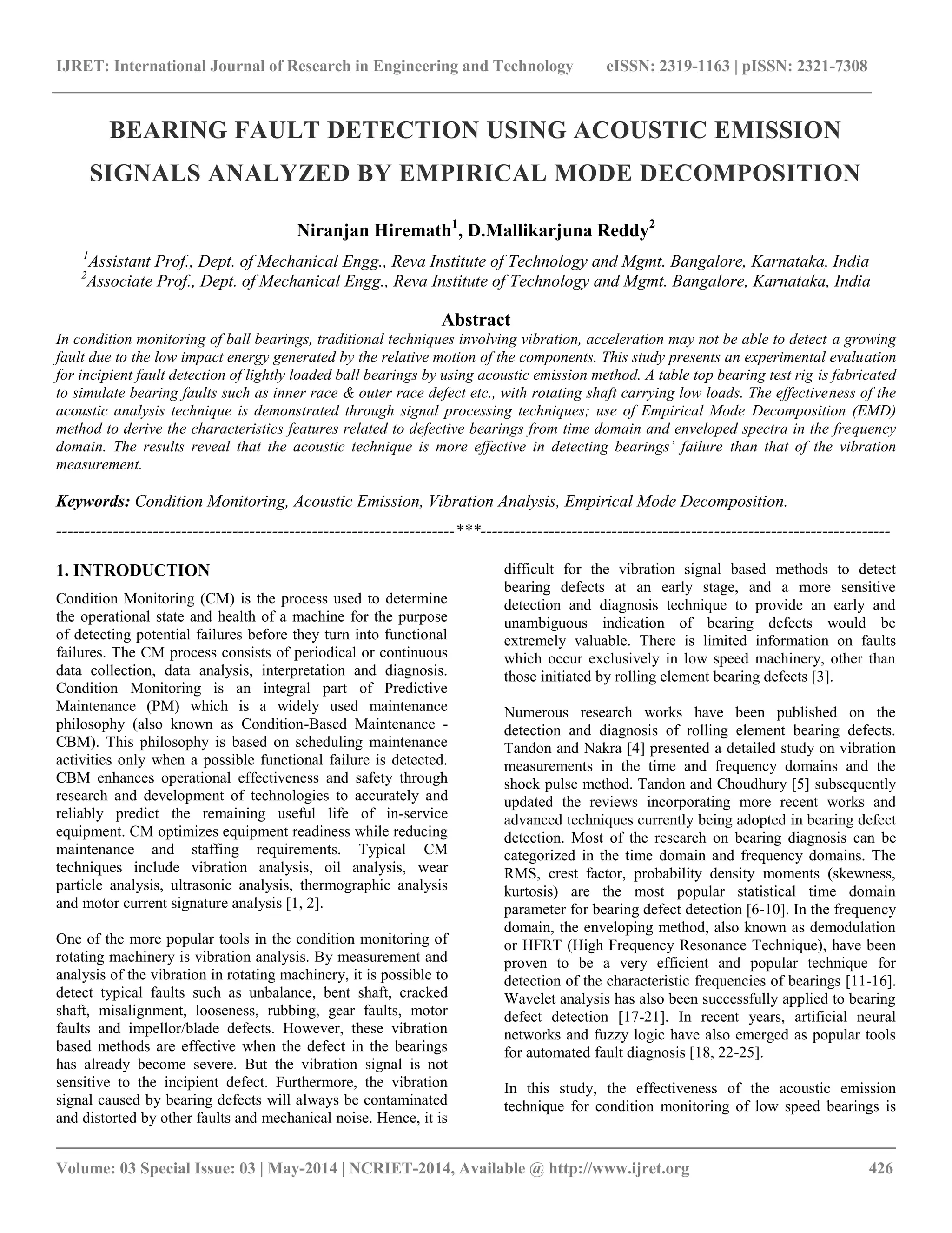Bearing fault detection using acoustic emission signals analyzed by empirical mode decomposition ...