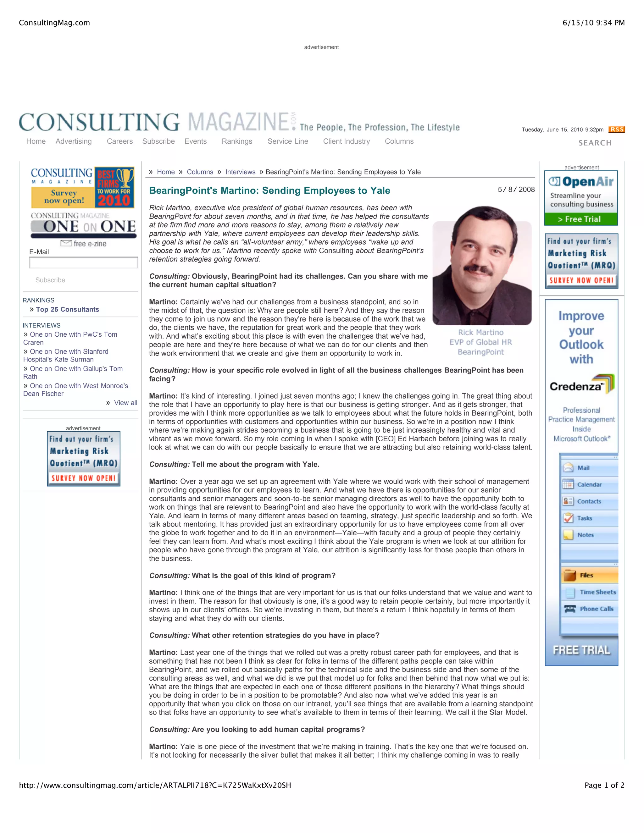 BearingPoint Sends Employees to Yale (Consulting magazine) | PDF
