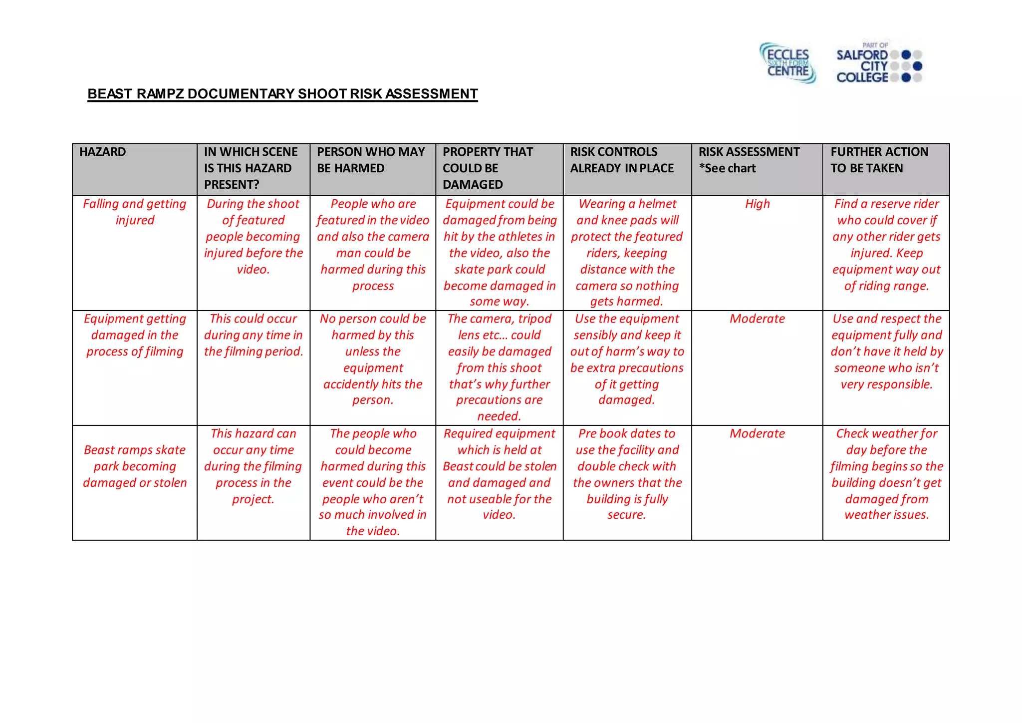 Beast rampz skatepark risk assessment | DOCX