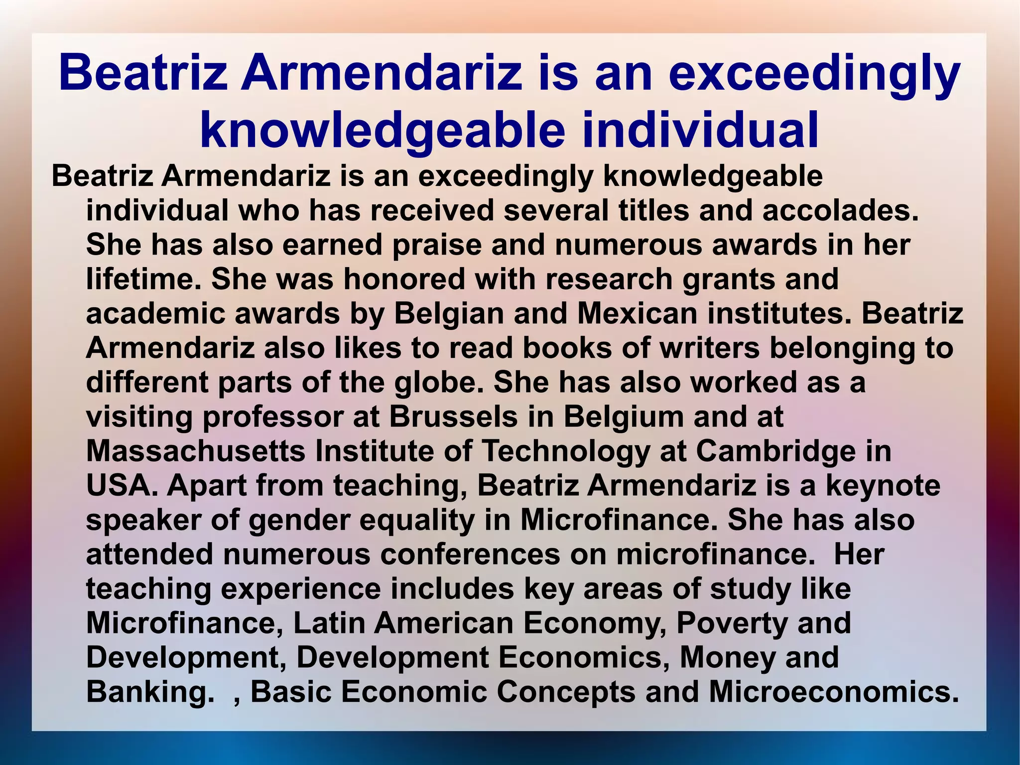 Beatriz Armendariz is Lecturer at Harvard University | PPT