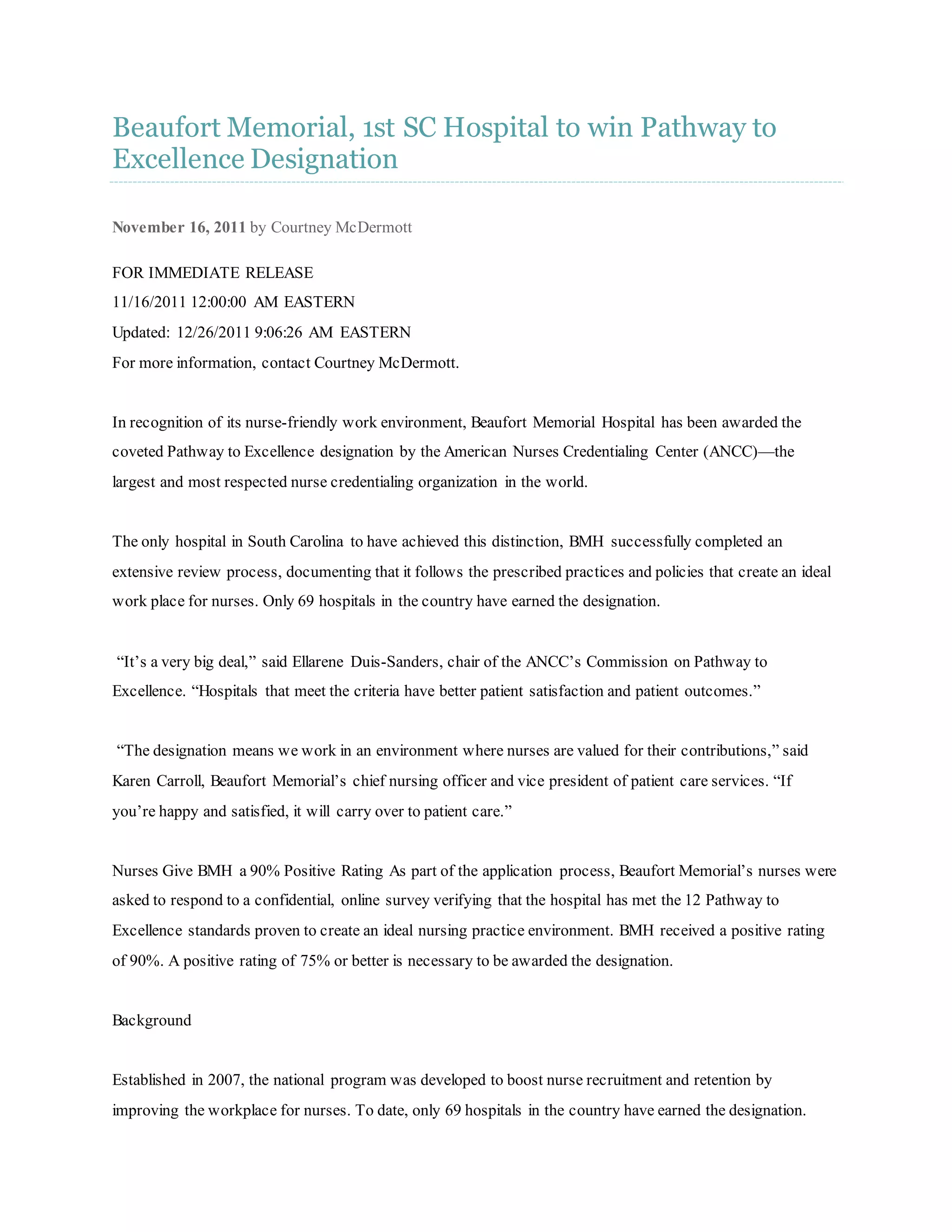 Beaufort Memorial, 1st SC Hospital to win Pathway to Excellence ...