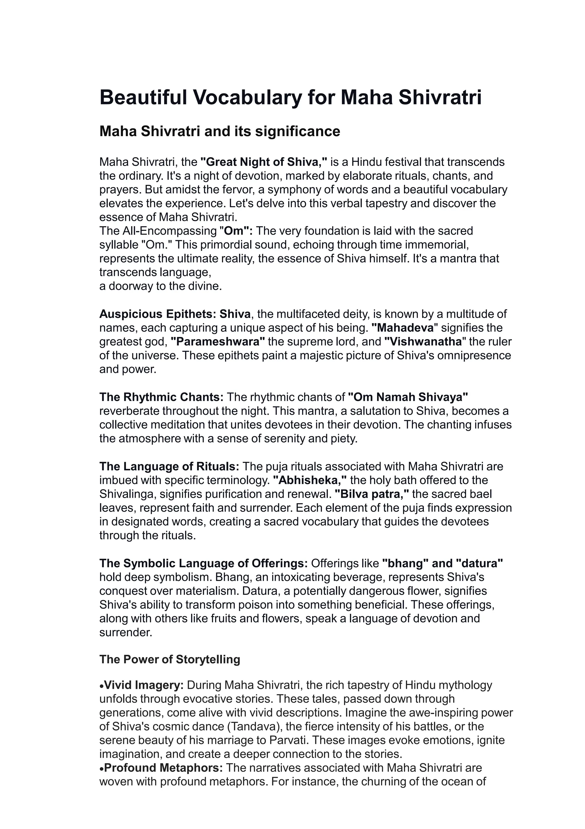 Beautiful Vocabulary for Maha Shivratri Bookalooza | PPT