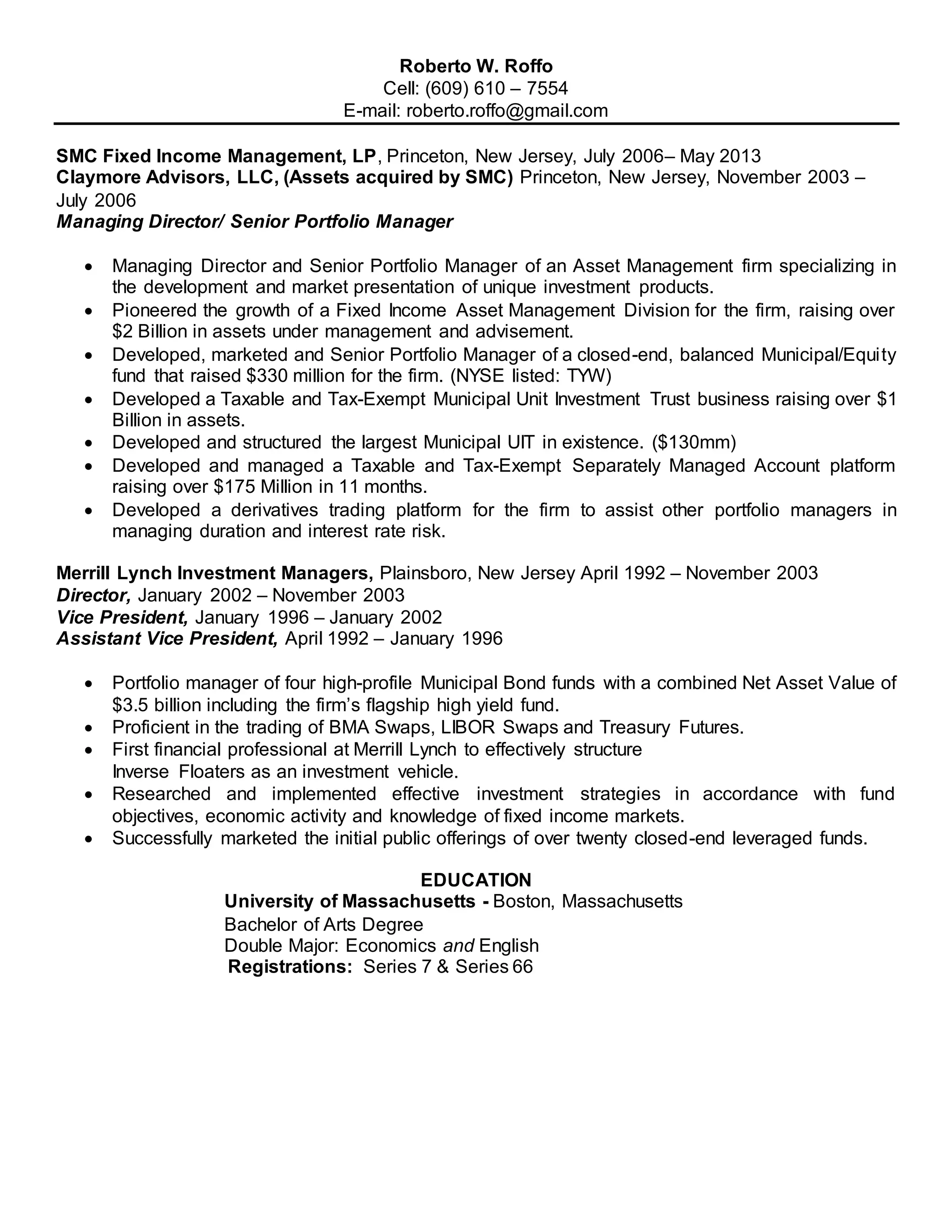 Roberto_W_Roffo_resume2017 | DOCX | Stocks and Bonds | Personal Investing