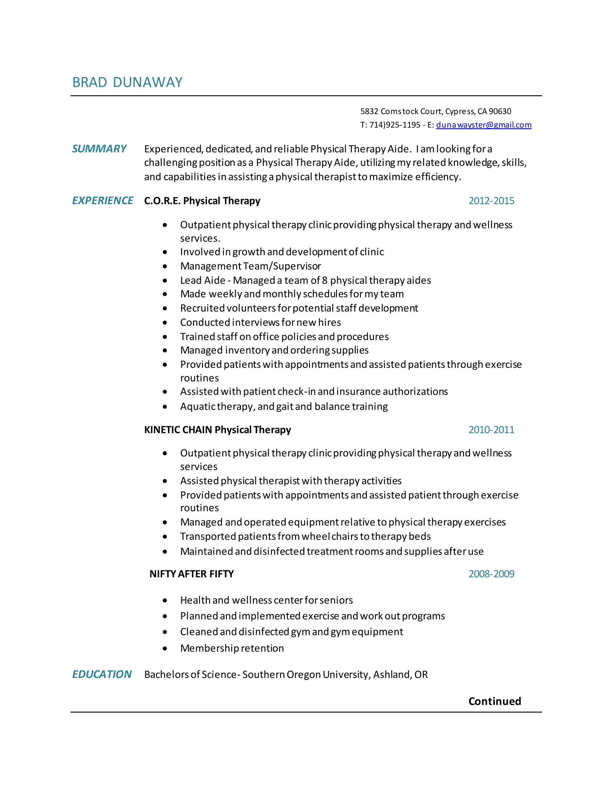 BRAD DUNAWAY Resume #3 | DOCX | Physical Therapy | Wellness
