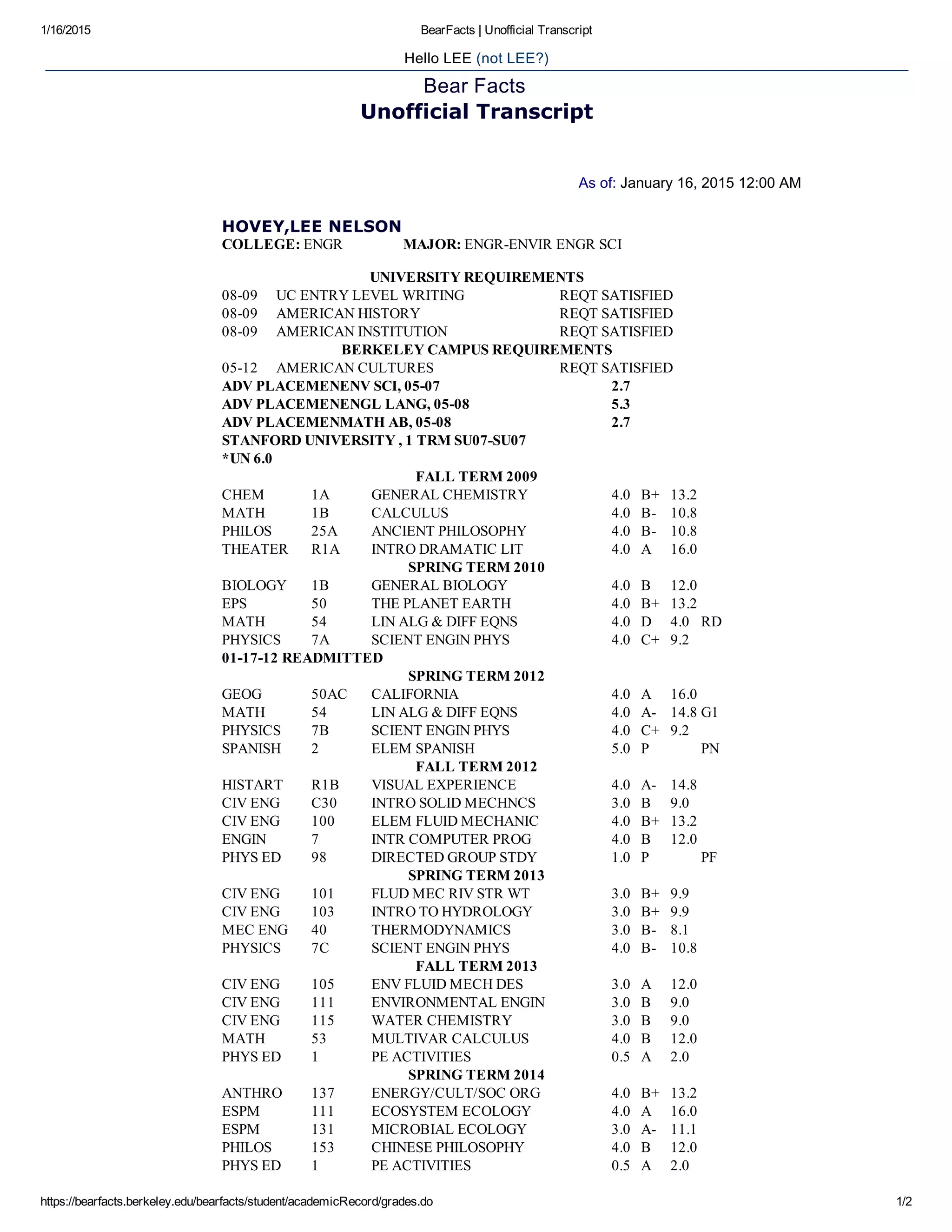 Hovey_ Unofficial Transcript | PDF