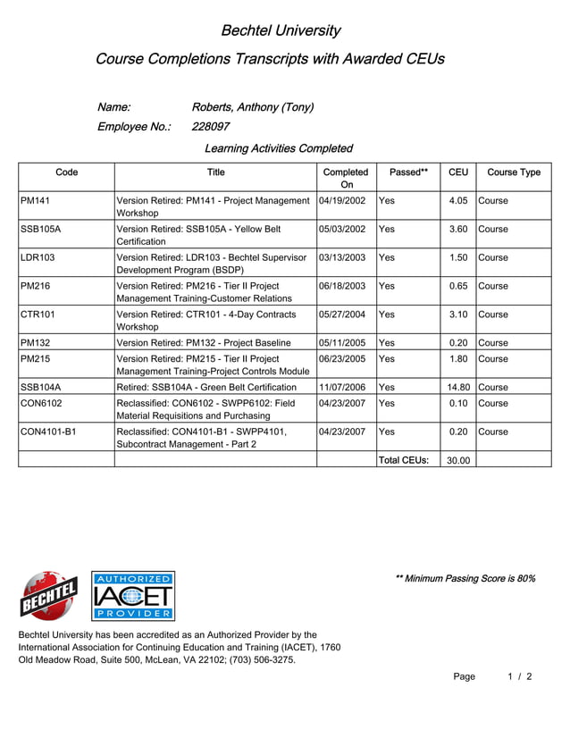 Bechtel University Transcript | PDF