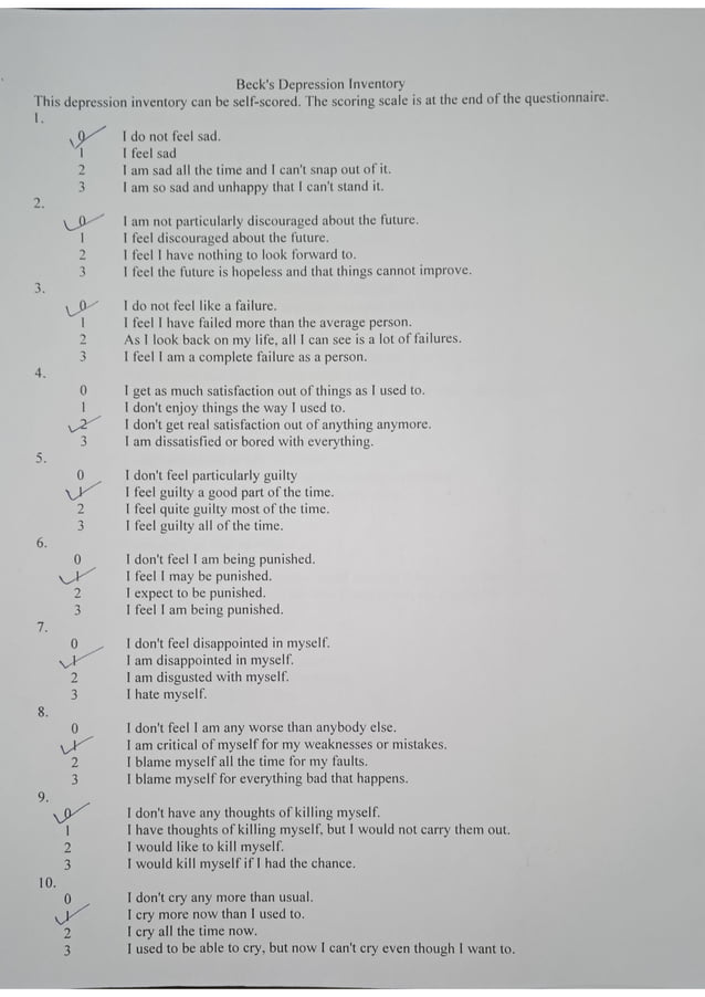 Test - Beck's Depression Inventory | PDF | Mental Health | Diseases and ...