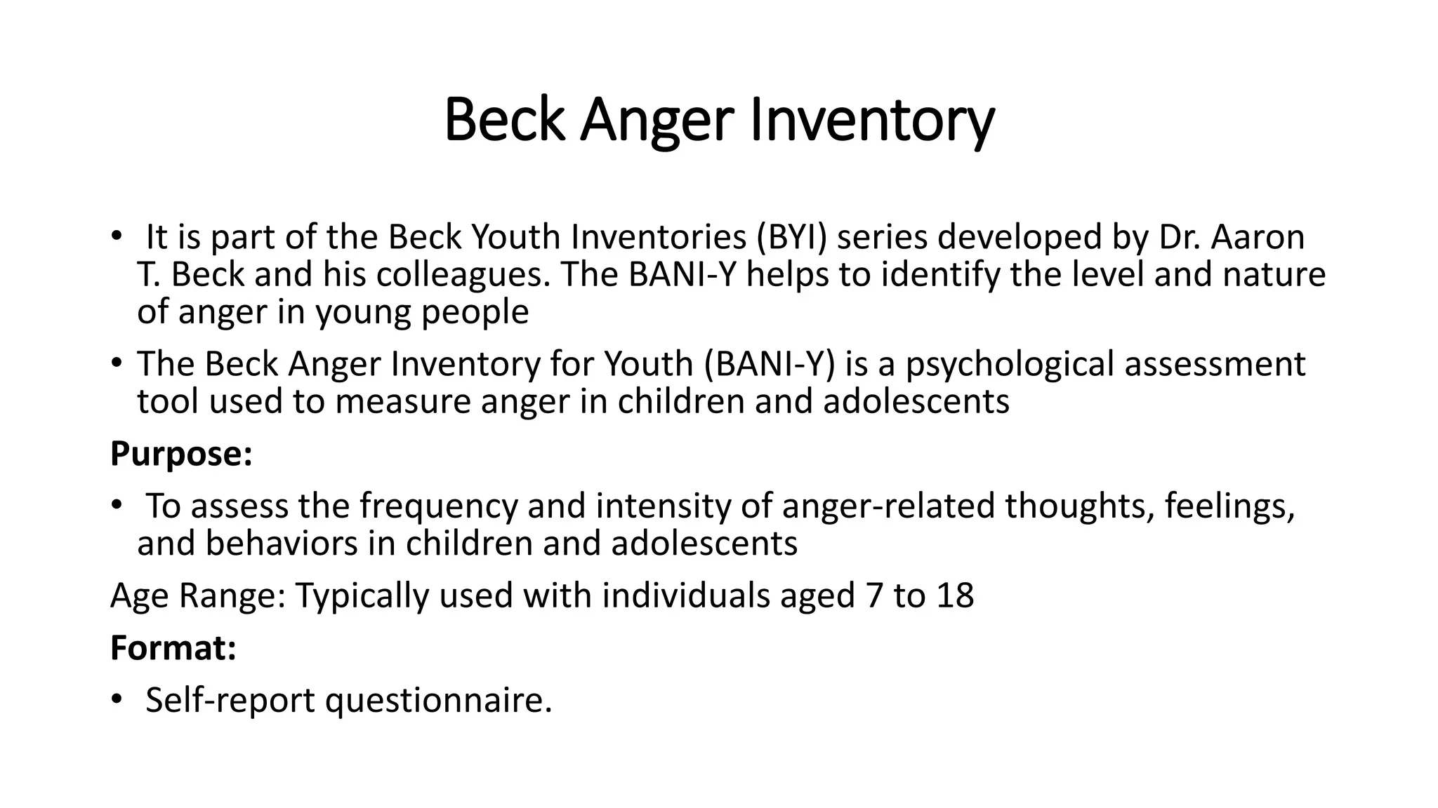 BECK YOUTH INVENTORY in psychological testing | PPTX