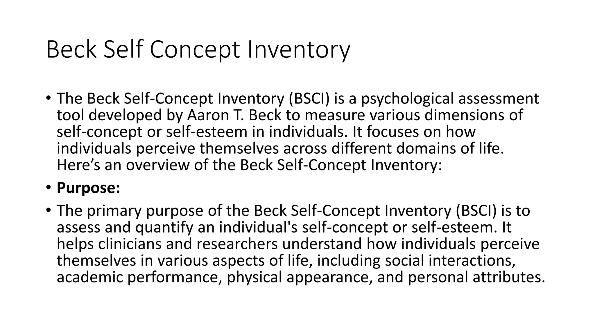 BECK YOUTH INVENTORY in psychological testing | PPTX