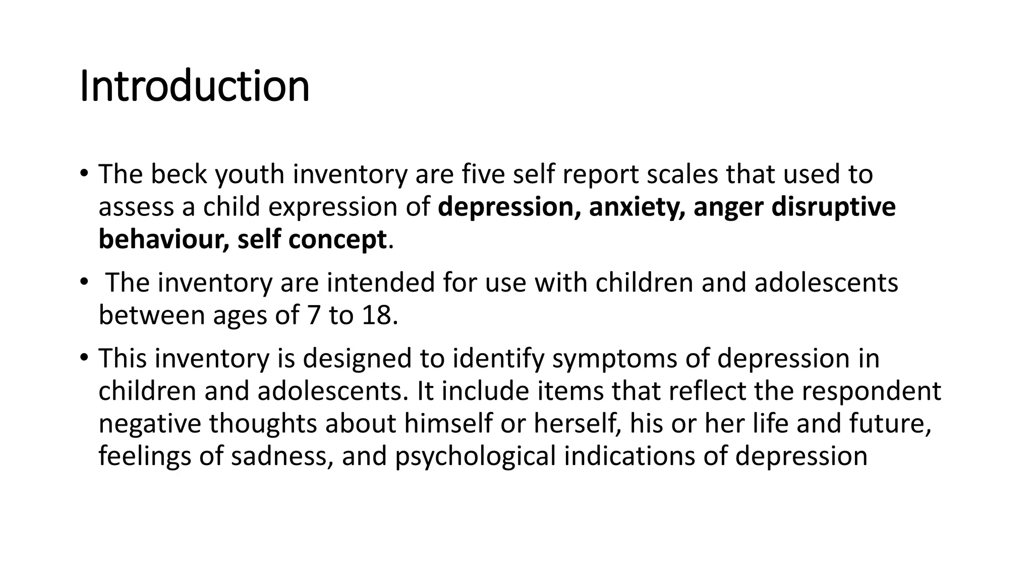 BECK YOUTH INVENTORY in psychological testing | PPTX | Mental Health ...