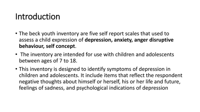 BECK YOUTH INVENTORY in psychological testing | PPTX | Mental Health ...