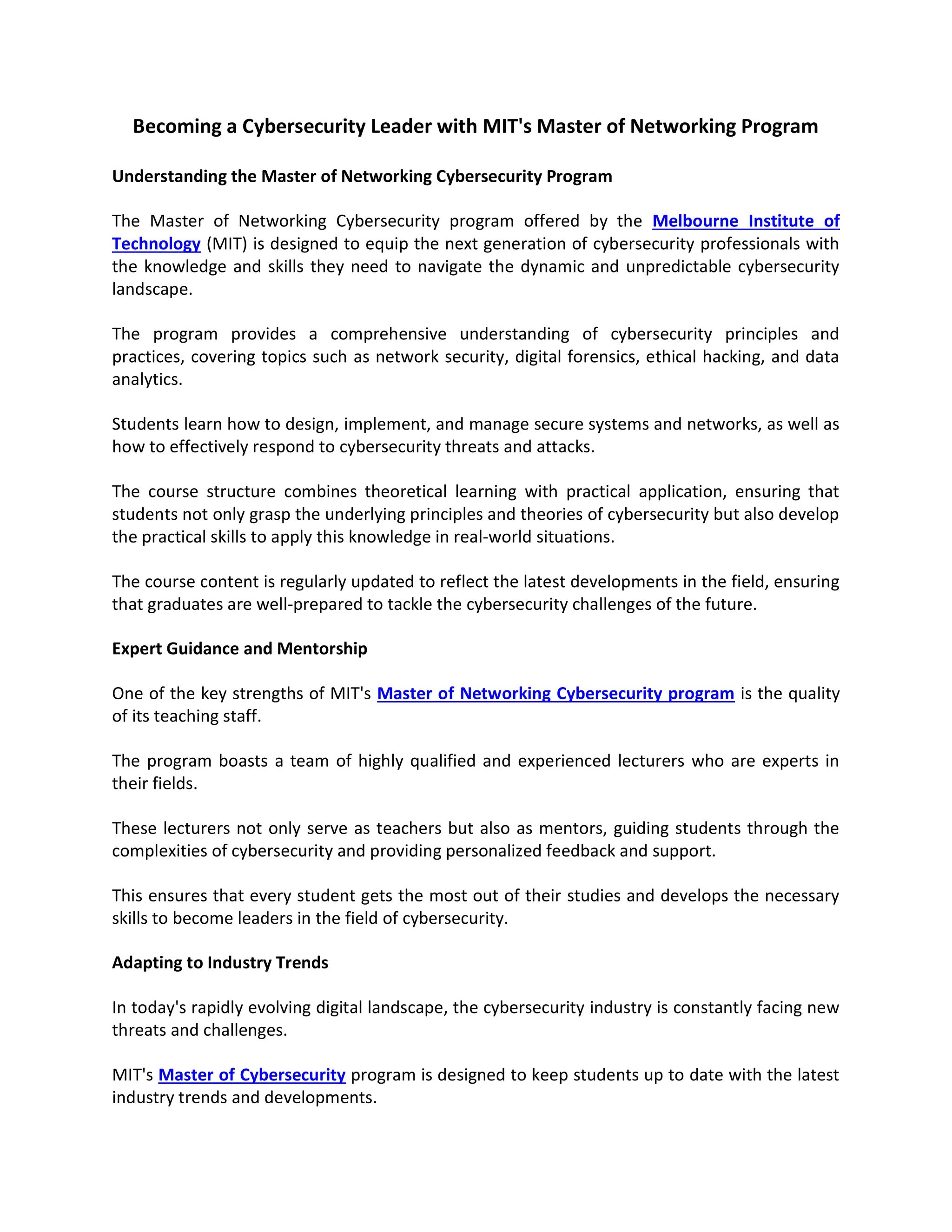 Becoming a Cybersecurity Leader with MITs Master of Networking Program ...