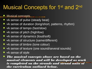 Music Curriculum Juniors to 6th elements, strands and strand units | PPT