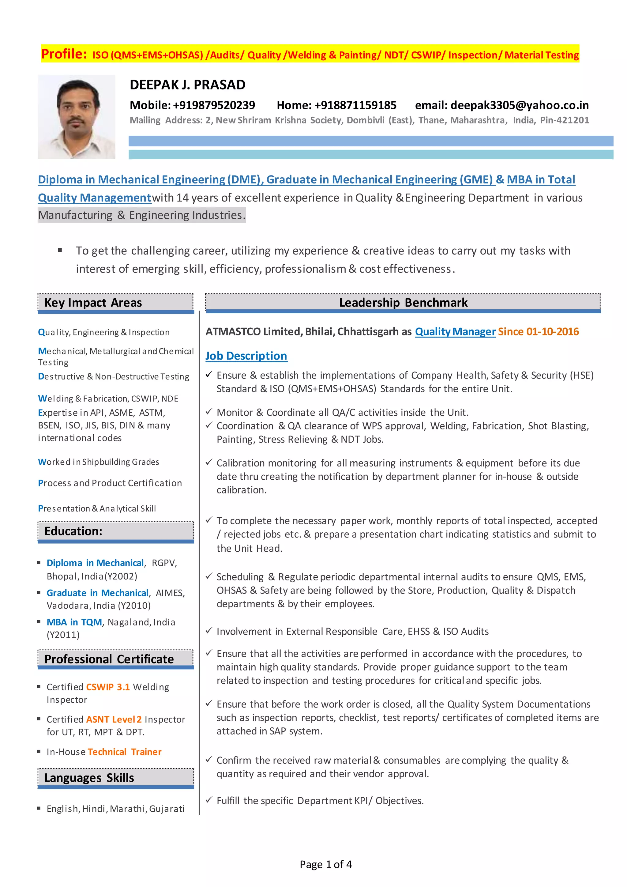 Deepak Resume (Quality) | DOCX | Manufacturing Industry | Industries