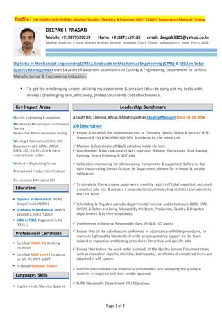 Deepak Resume (Quality) | DOCX | Manufacturing Industry | Industries