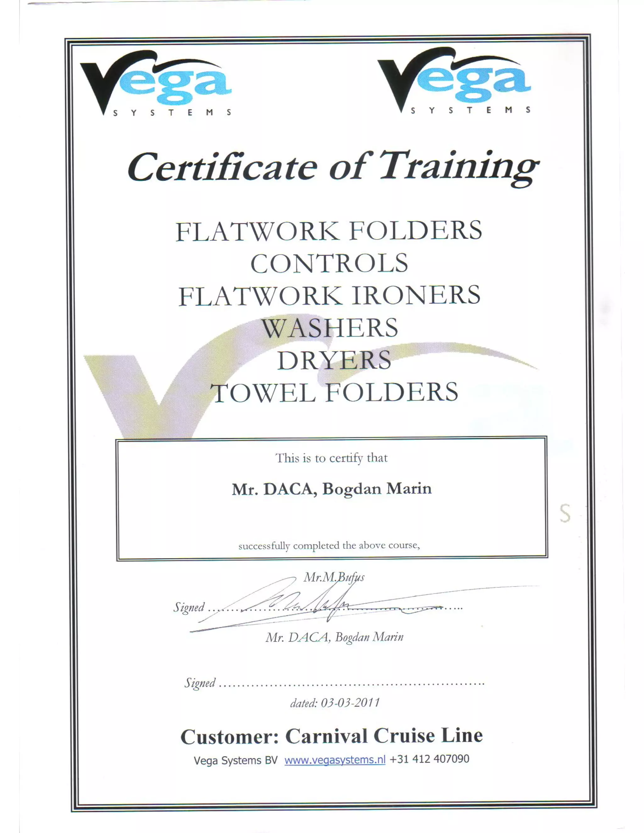 Daca Bogdan - Vega Systems Certificate of Training | PDF