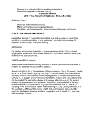 Prevention Specialist Job Description | DOC