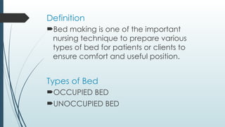 BED MAKING Fundamental of Nursing(Barkat Ali Dayo) | PPTX