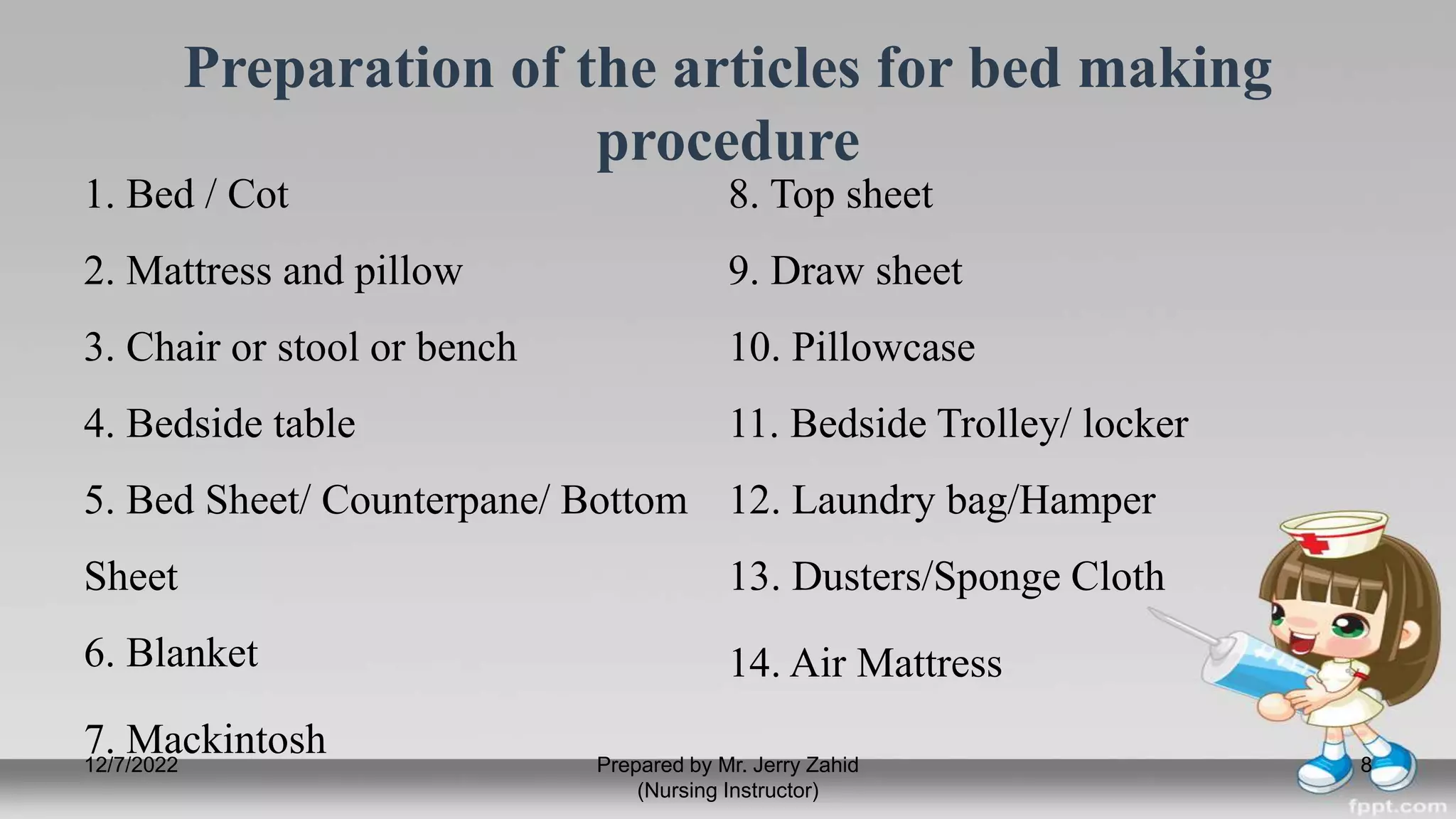 BED MAKING PROCEDURE OF DIFFERENT BEDS.pptx