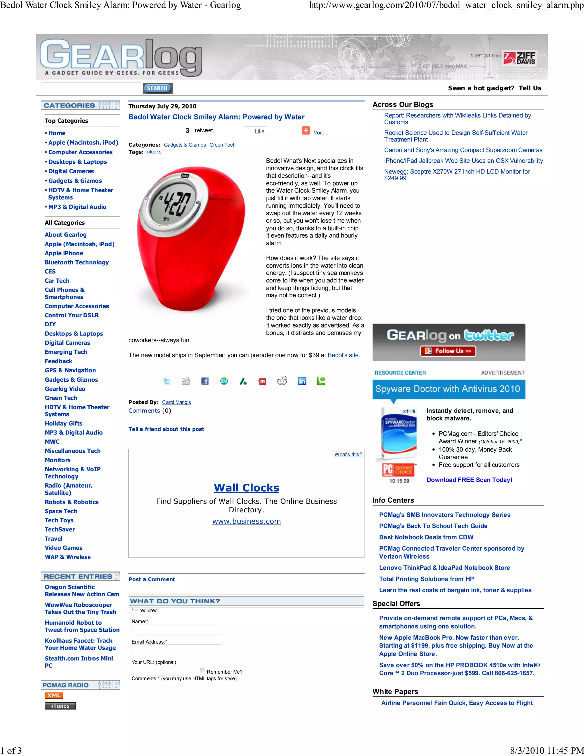 Bedol water clock smiley red pc magazine gear log | PDF