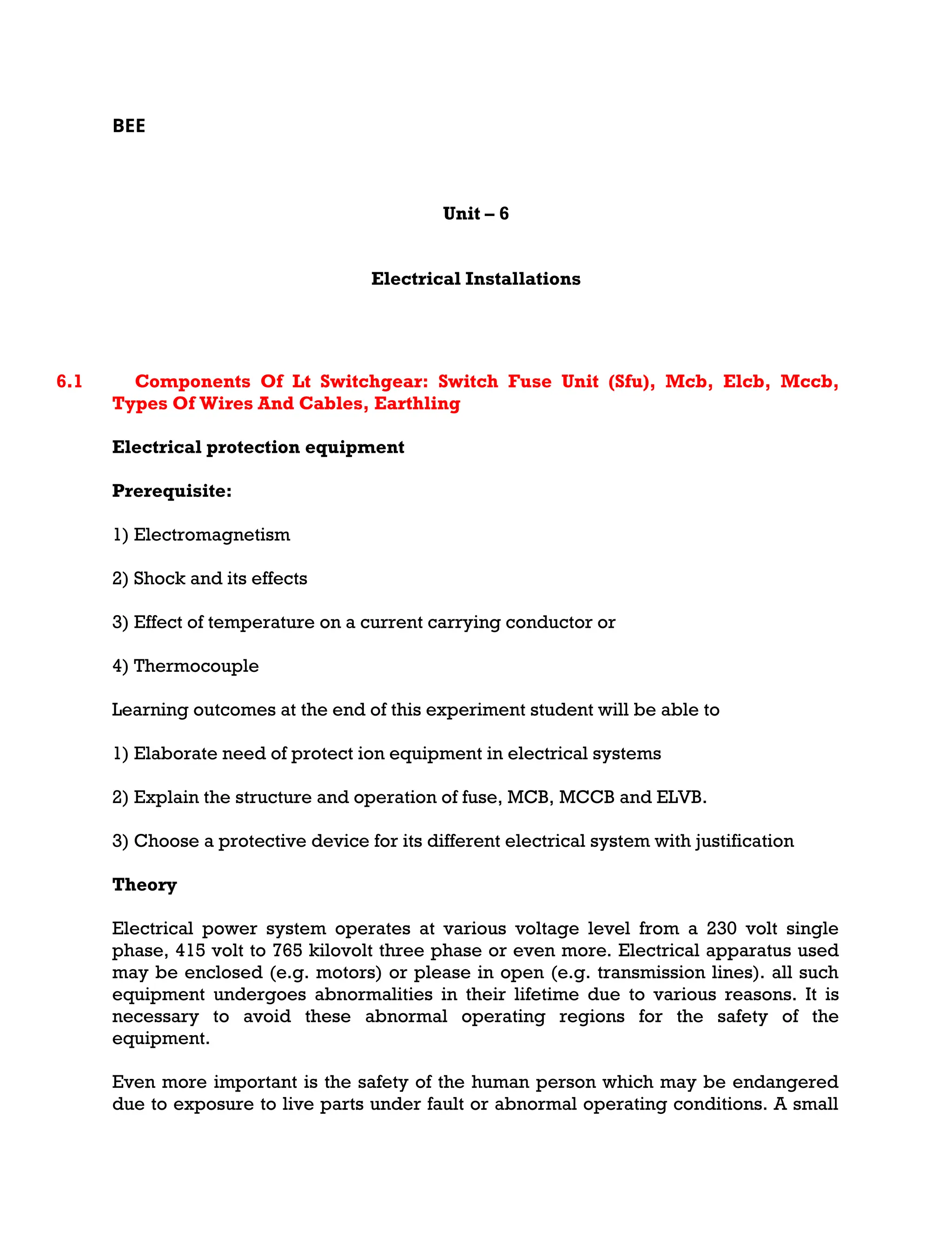 MODULE 6: ELECTRICAL INSTALLATIONS COMPONENTS OF LT SWITCHGEAR: SWITCH ...