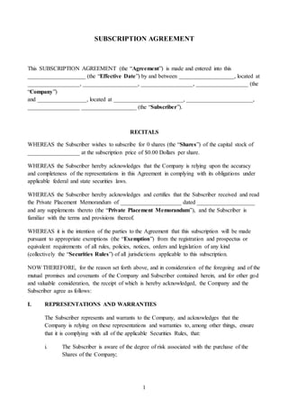 Subscription Agreement | DOCX | Stocks and Bonds | Personal Investing