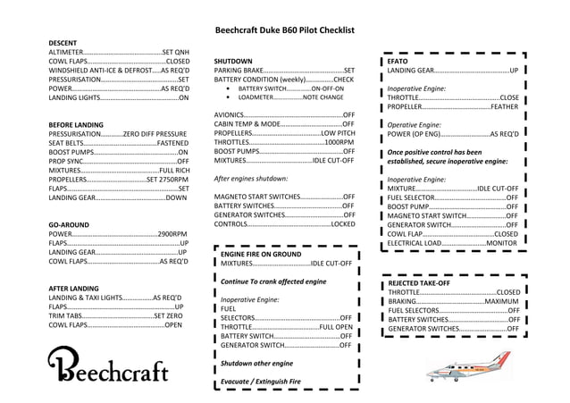 Beechcraft Duke B60 Checklist | PDF | Air Travel | Travel Type